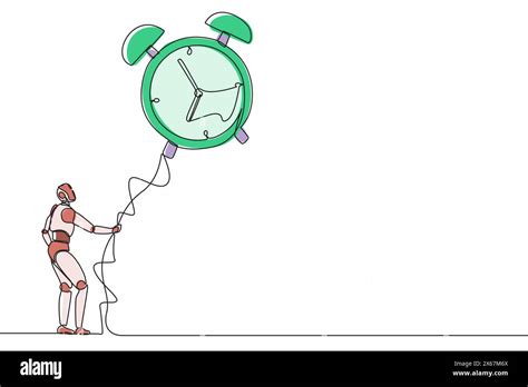 Single Continuous Line Drawing Robots Holding Flying Big Alarm Clock Balloon With Rope Humanoid