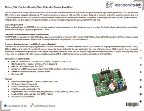Mono 2w Switch Mode Class D Audio Power Amplifier Electronics