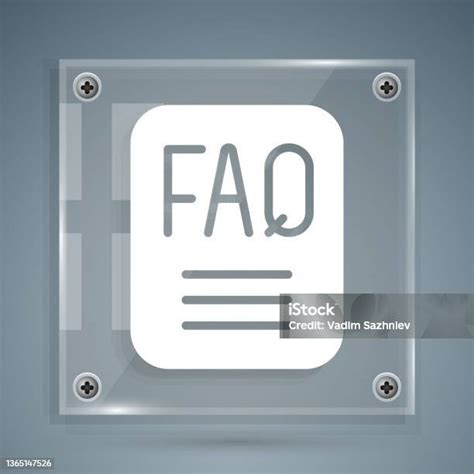 회색 배경에서 격리 된 텍스트 Faq 정보 아이콘이있는 흰색 음성 거품 텍스트 Faq가 있는 원 버튼입니다 정사각형 유리 패널