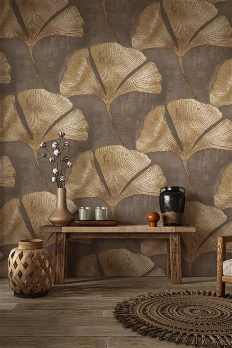 Golden Ginkgo Leaf Wallpaper Mural For Elegant Living Room Or Bedroom