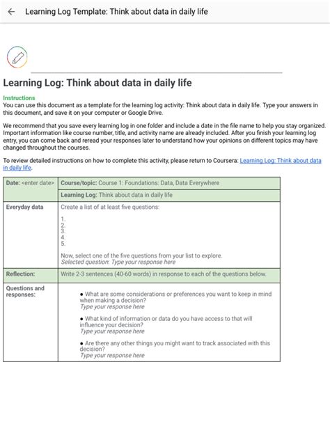 Learning Log Template Think About Data In Daily Pdf