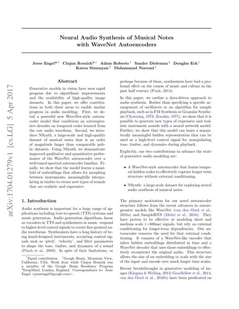 Pdf Neural Audio Synthesis Of Musical Notes With Wavenet Autoencoders