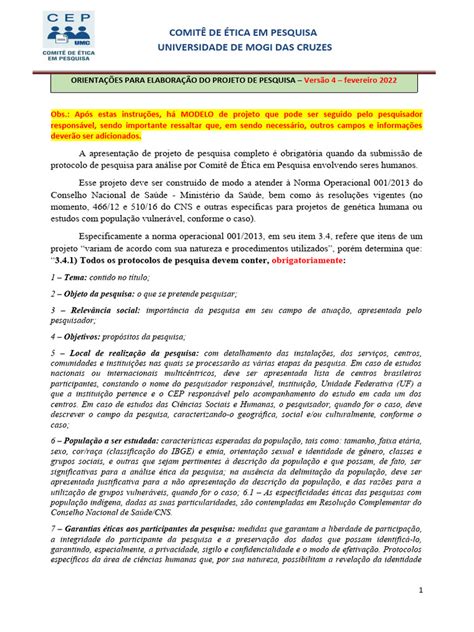 1 Modelo De Projeto Pesquisa Cep Umc Versão Fevereiro 2022 12 2 Pdf