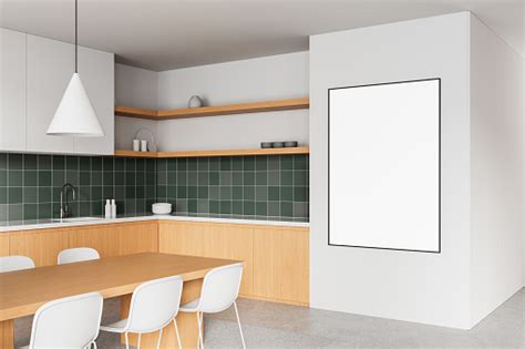 나무 가구와 빈 포스터 모형이 있는 현대적인 주방 인테리어는 광고 또는 디자인 프레젠테이션 템플릿 디스플레이 장면을 위한 흰색