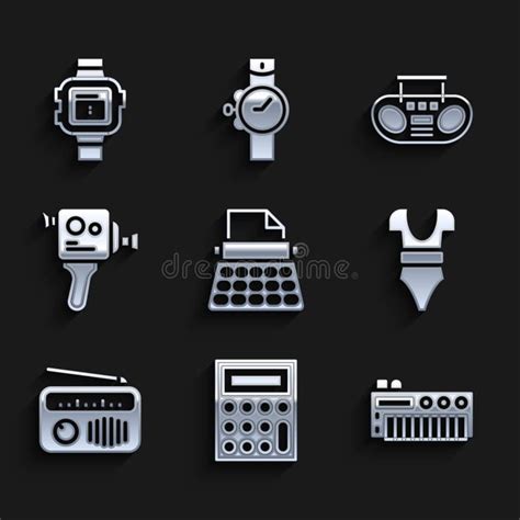 Set Retro Typewriter Calculator Music Synthesizer Swimsuit Radio