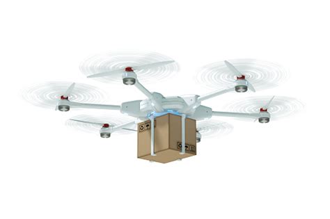 흰색 배경에 고립 된 골판지 상자와 흰색 비행 무인 항공기 배달 을위한 무인 항공기 빠른 배달 기술의 개념 3d 렌더링 3d 일러스트레이션 복사 공간 3차원 형태에 대한