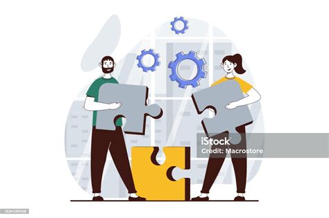 웹을 위한 플랫 디자인에서 사람들 장면과 팀워크 개념 여자와 남자는 퍼즐 조각을 들고 프로젝트를 진행하고 지원한다 소셜 미디어