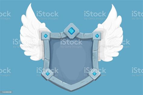 돌 방패 보석과 날개가 있는 프레임은 배경에 격리된 만화 스타일의 게임 보상 보드입니다 매직 로얄 자산 템플릿입니다 벡터 그림 2차 도형에 대한 스톡 벡터 아트 및 기타