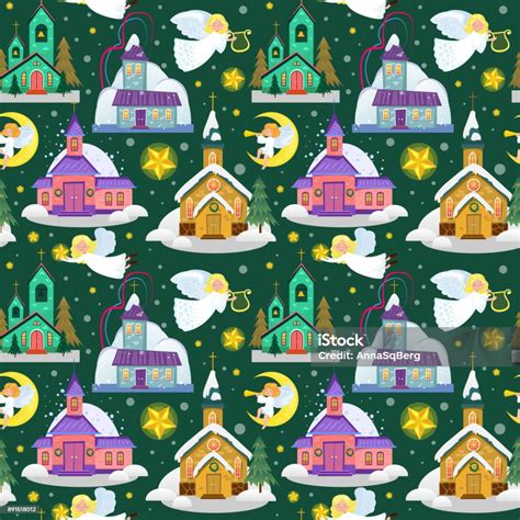메리 크리스마스와 해피 뉴가 어 완벽 한 패턴 교회 및 눈 기독교와 가톨릭 겨울 도시 대성당 벡터 일러스트 레이 션 종교 이런