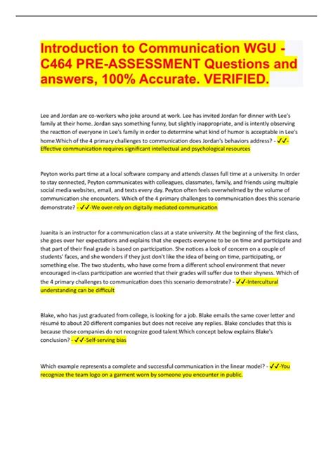 Introduction To Communication Wgu C464 Pre Assessment Questions And