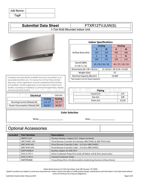 Daikin Ftxr12tvjuw Emura Spec Sheet