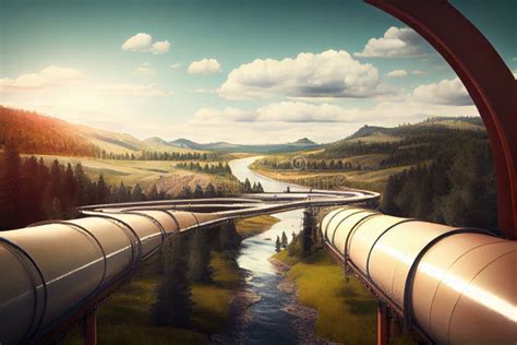 Gas Pipeline Crossing Over Bridge With View Of Scenic Landscape Stock Illustration