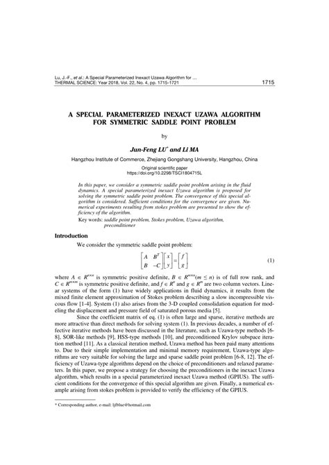Pdf A Special Parameterized Inexact Uzawa Algorithm For Symmetric Saddle Point Problem