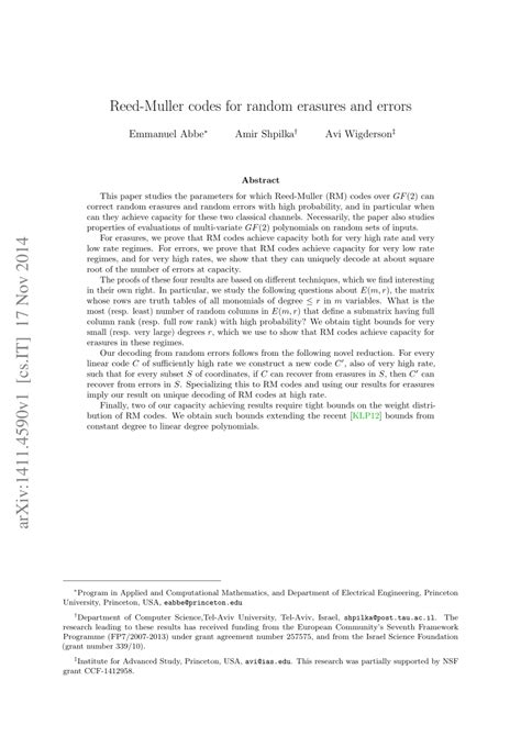 Pdf Reedmuller Codes For Random Erasures And Errors