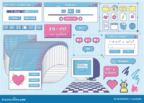 a set of user interface design elements in 80s 90s retro style old
