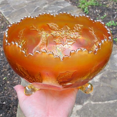 Antique Fenton Stag And Holly Pumpkin Marigold Carnival Glass Giant Rose Bowl Carnival Glass