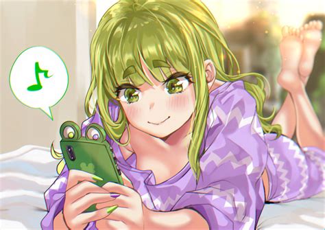 Safebooru 1girl Bangs Barefoot Bed Blush Cellphone Commentary Request