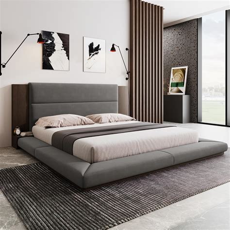 Aiuyesuo King Size Floor Upholstered Platform Bed With Extended Wood Headboard And