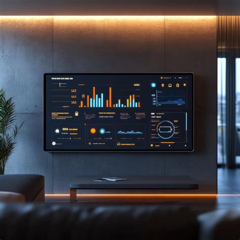 Futuristic Smart Home Dashboard With Data Visualizations On A Wallmounted Screen Premium Ai
