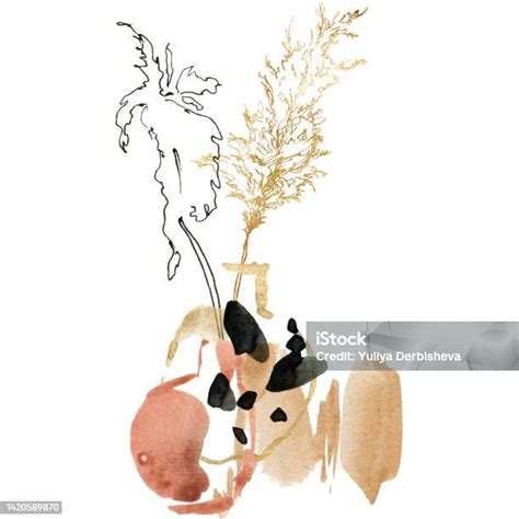 추상적 인 꽃병이있는 금색과 검은 색 팜파스 잔디의 수채화 추상적 인 구성 흰색 배경에 고립 된 식물의 선형 카드를 손으로 그렸습니다 디자인 인쇄 또는 배경을위한 꽃 그림
