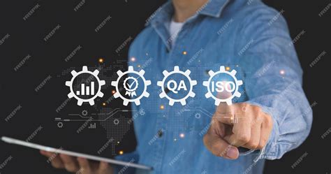 premium photo businessman iso symbol showing quality assurance on virtual screen