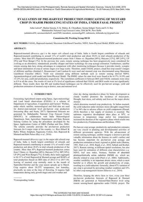 Pdf Evaluation Of Pre Harvest Production Forecasting Of Mustard Crop In Major Producing States