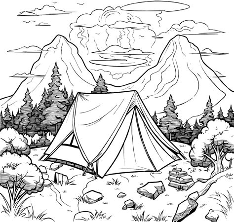 텐트 윤곽선 색칠책이 있는 산 정상의 만화 캠핑 장면 무료 벡터