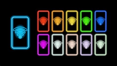 빛나는 네온 스마트폰 화면과 Wifi 아이콘이 있는 프레임 Wifi 아이콘이 있는 네온 불빛 윤곽선 전화입니다 플래시 핫스팟 기호가 있는 휴대 전화입니다 벡터 0명에 대한