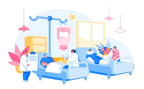 의사와 간호사 문자 챔버에서 환자를 방문 의학 건강 관리 병원 상담의 의료진 진단 치료 꽃을 가진 여자입니다 만화 사람 벡터 일러스트 간호사에 대한 스톡 벡터 아트 및 기타