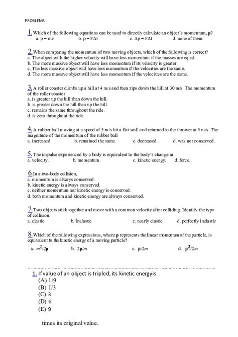 pdf momentum worksheet