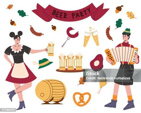 옥토버 페스트 휴일 전통 맥주 축하 의상을 입은 바이에른 캐릭터 음식과 음료 독일 축제 쟁반에 파인트 안경 고기 소시지 벡터 격리 요소 세트 바바리아에 대한 스톡 벡터 아트