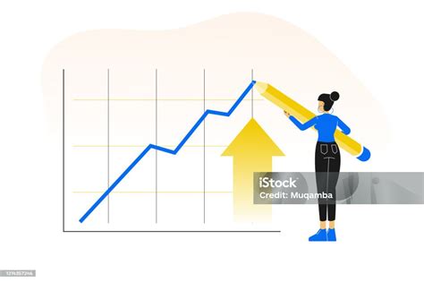 젊은 비즈니스 여성 또는 관리자는 큰 연필로 그래프를 그립니다 프로모션 동기 부여 상승 사업 목표를 달성하는 방법 증폭 경력