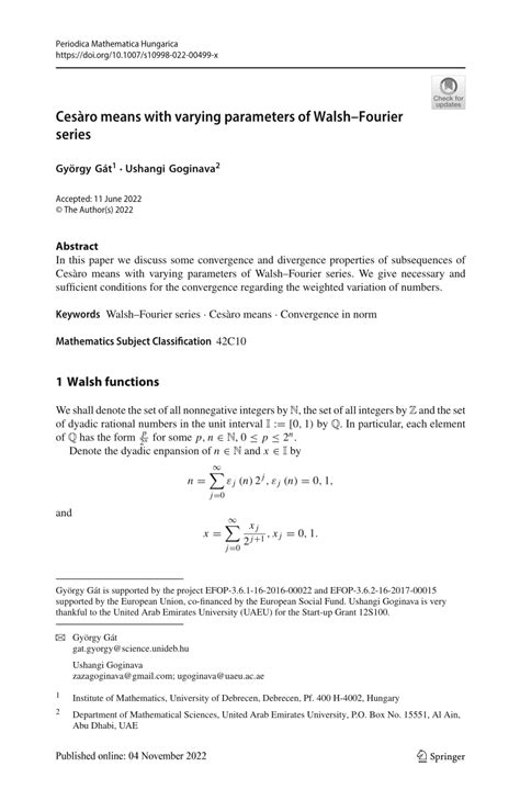 Pdf Cesàro Means With Varying Parameters Of Walshfourier Series