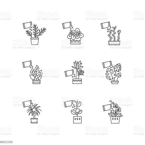 하우스 플랜트 비료 화소 완벽한 선형 아이콘 세트 길들여진 식물에게 먹이주기 성장 보조 제 사용자 정의 가능한 얇은 선 윤곽 심볼 격리된 벡터 개요 그림입니다 편집 가능한