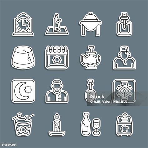 세트 라인 기부 또는 지불 Zakat 무알코올 무슬림 남자 테이블 음식 라마단 달력 터키 모자 시계 및 물 담뱃대 아이콘 벡터