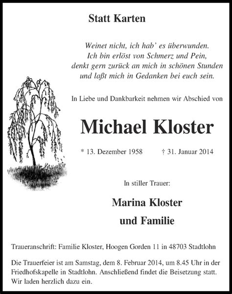 Traueranzeigen Von Michael Kloster Sich Erinnern De