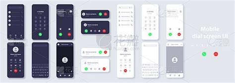 智能手机用户界面暗与光主题概念模板。设计联系人，拨号，呼叫，视频呼叫，键盘输入信息在手机显示。素材 花瓣网