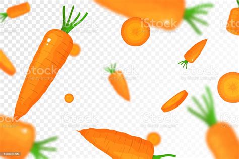 투명한 배경에 격리된 떨어지는 당근 흐릿한 효과로 전체 및 얇게 썬 야채를 날립니다 광고 포장 배너 포스터 인쇄에 사용할 수 있습니다 벡터 평면 디자인 건강한 식생활에 대한