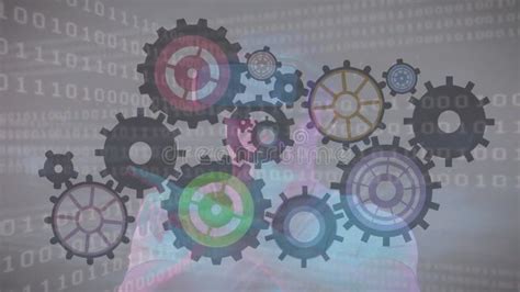 Animation Of Cogs Spinning Over Binary Coding And Man Wearing Vr