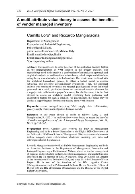 Pdf A Multi Attribute Value Theory To Assess The Benefits Of Vendor Managed Inventory