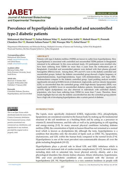 Pdf Prevalence Of Hyperlipidemia In Controlled And Uncontrolled Type