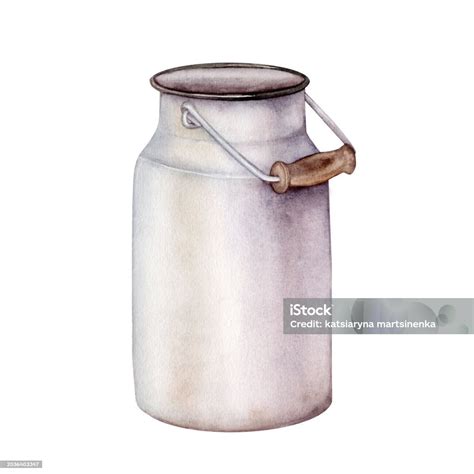 수채화 그림 금속 우유 캔 흰색 배경에 고립된 수채화로 그려진 컨테이너입니다 유기농 식품을 위한 농장 주전자 손으로 그린 스케치 빈티지 화이트 알루미늄 항아리 포장 디자인