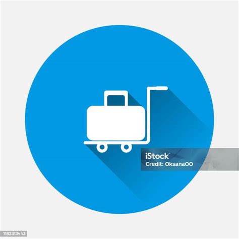 여행 가방 벡터 아이콘 트롤리 기호 서비스 파란색 배경에 호텔에서 포터 긴 그림자가 있는 플랫 이미지입니다 가방에 대한 스톡