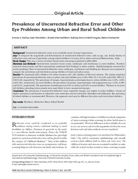 Pdf Prevalence Of Uncorrected Refractive Error And Other Eye Problems Among Urban And Rural