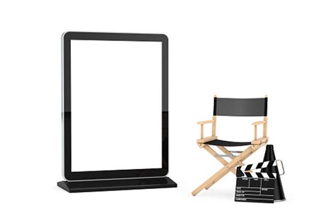 감독 의자 영화 클래퍼 및 빈 무역 박람회 Lcd 화면이있는 메가폰은 디자인을위한 템플릿으로 서 있습니다 3d 렌더링 Lcd에 대한 스톡 사진 및 기타 이미지 Istock