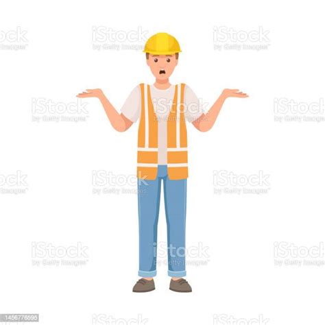 하드 모자와 어깨를 으쓱하는 경고 벡터 일러스트 레이 션에 남자 빌더 캐릭터 기술자에 대한 스톡 벡터 아트 및 기타 이미지 기술자 혼란 건설 현장 Istock
