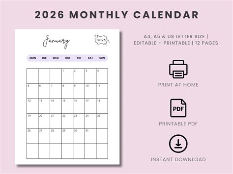 Printable Monthly Calendar 2026 Template Graphic By Squeak Shops