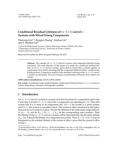 Pdf Conditional Residual Lifetimes Of N K1 Out Of N Systems With Mixed Erlang Components