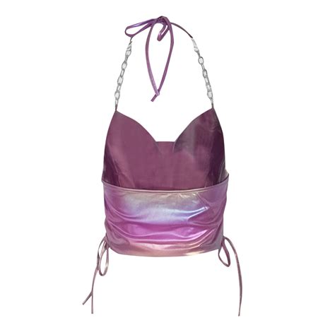 Women Summer Ruffles Drawstring Halter Crop Top Y2k Glitter Metallic Holographic Camisole Sexy