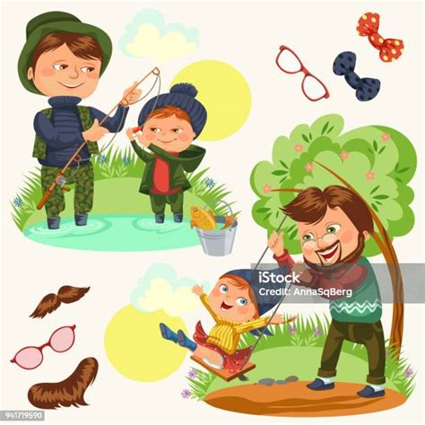 행복 한 아버지 날 인사말 카드 아이 들과 함께 재미 있는 아빠 작은 어린이 가족 휴가 휴일 축 하 벡터 일러스트 레이 션 아들 낚시 남자 아빠의 부모는 그의 딸 스윙 롤